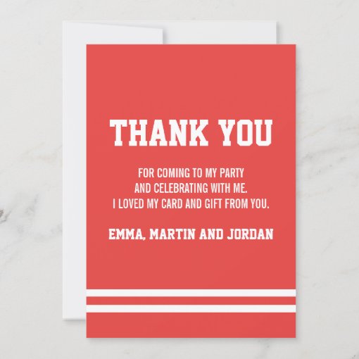 Red Football Jersey Sports Theme Party Thank You Invitation | Zazzle