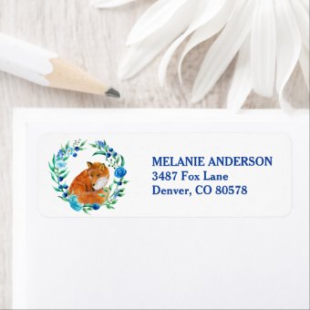 Red Fox in Blue Floral Wreath Return Address Label | Zazzle