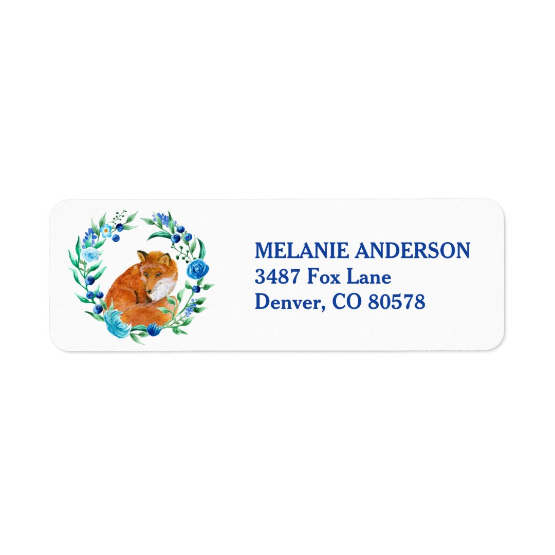 Red Fox in Blue Floral Wreath Return Address Label | Zazzle