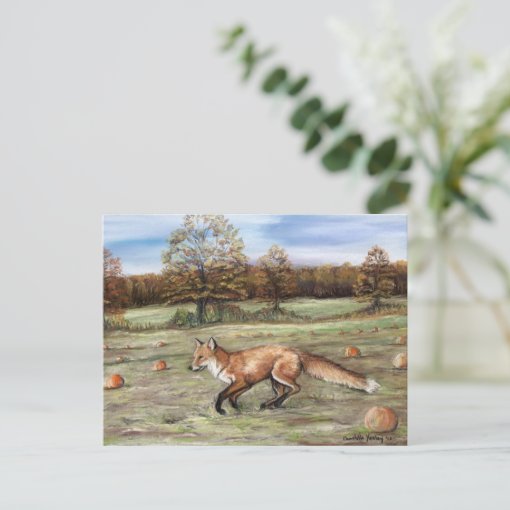 Red Fox in Pumpkin Patch Art Pastel Painting Postcard | Zazzle