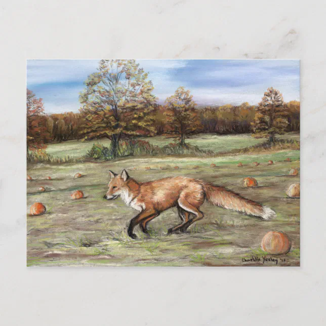 Red Fox in Pumpkin Patch Art Pastel Painting Postcard | Zazzle