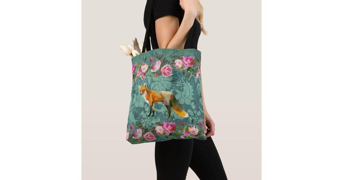 Red Fox on Green Damask Print With Pink Roses Tote Bag | Zazzle