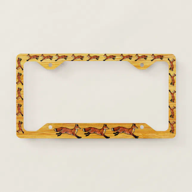 Red Fox Pack Art Running on Wood Border License Plate Frame | Zazzle