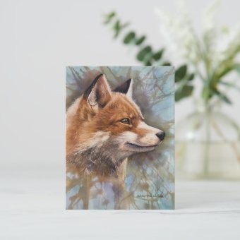 Red Fox Profile Portrait Watercolor Background Art Postcard | Zazzle