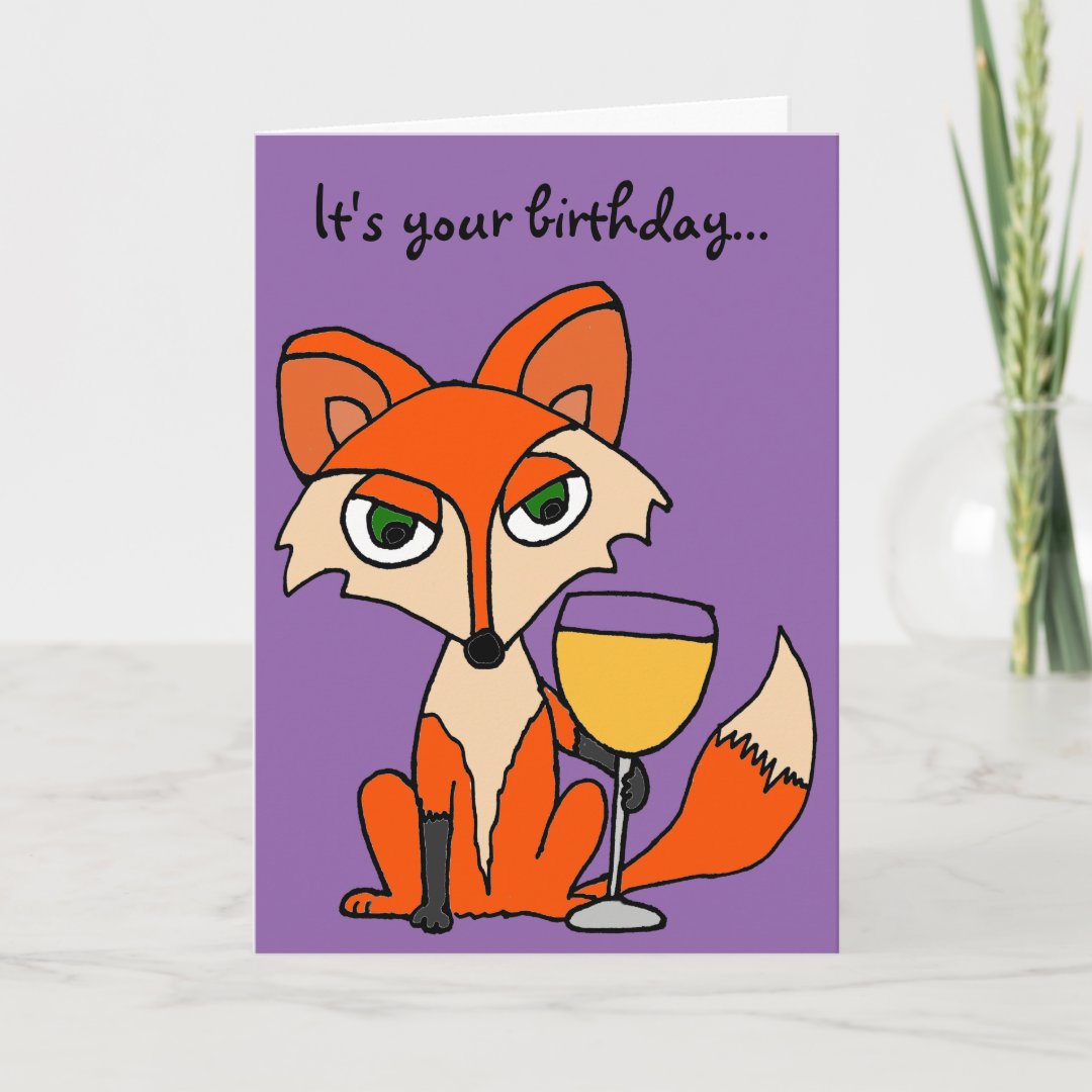 Red Fox with White Wine Glass Card | Zazzle