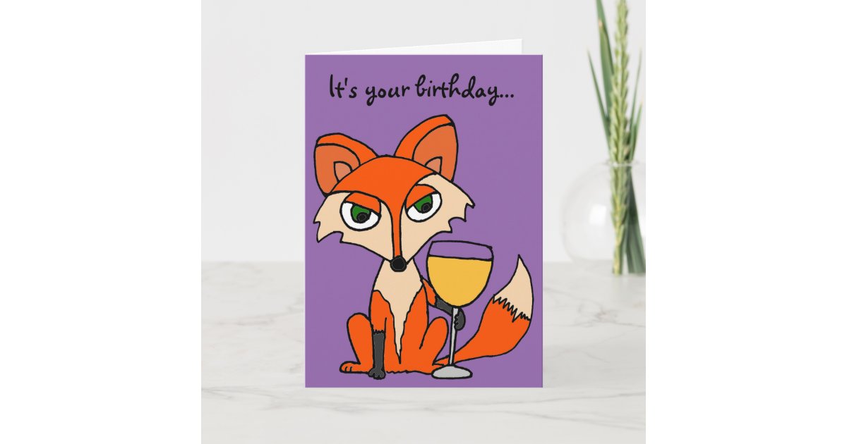 Red Fox with White Wine Glass Card | Zazzle