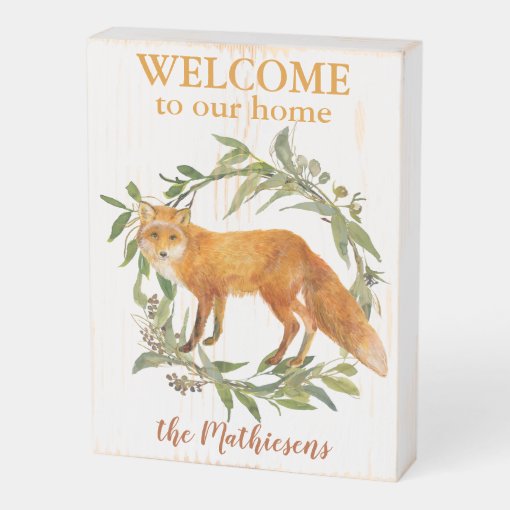 Red Fox Wreath Welcome Wooden Box Sign | Zazzle
