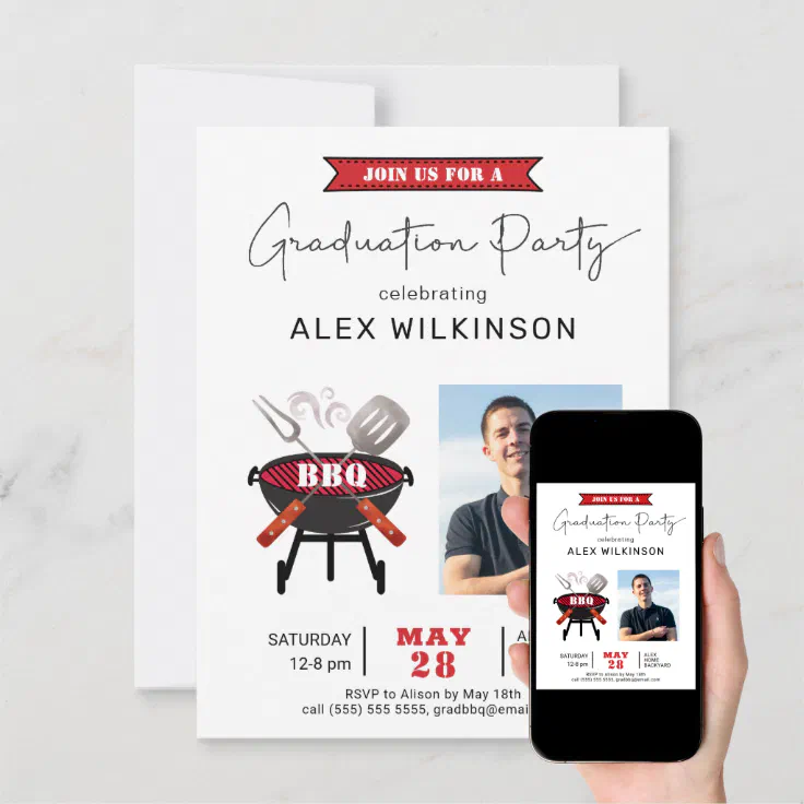 Red Fun Script Photo Graduation BBQ Party Invitation | Zazzle