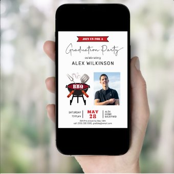 Red Fun Script Photo Graduation BBQ Party Invitation | Zazzle