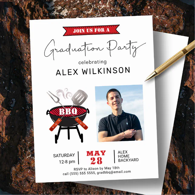 Red Fun Script Photo Graduation BBQ Party Invitation | Zazzle