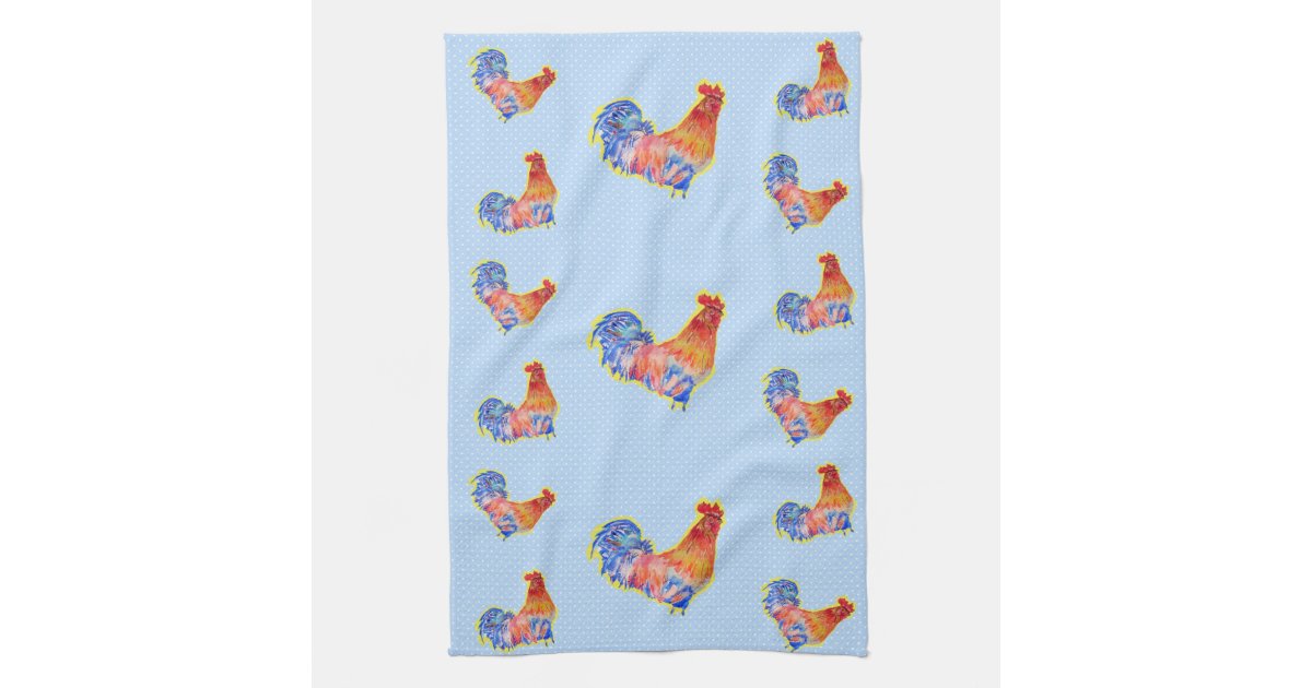 Red Funny Rooster Cockerel Blue and White Spots Kitchen Towel | Zazzle