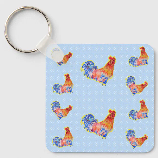 Red Funny Rooster Cockerel Blue and White Spots Tr Keychain | Zazzle