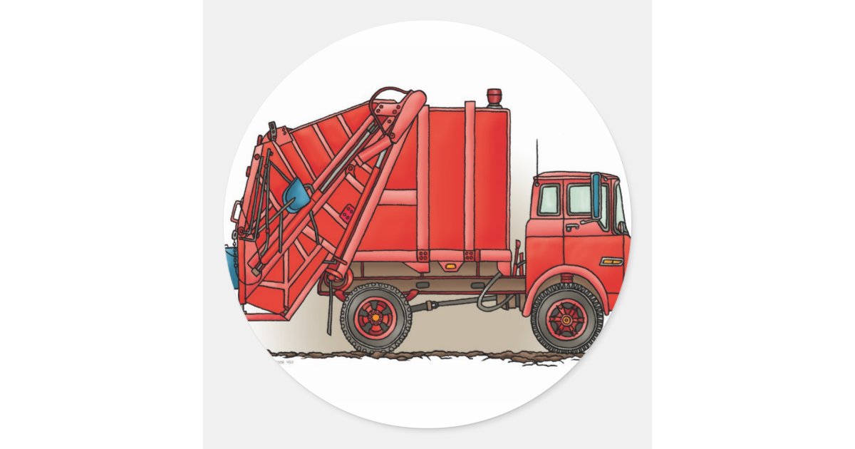 Red Garbage Truck Classic Round Sticker | Zazzle