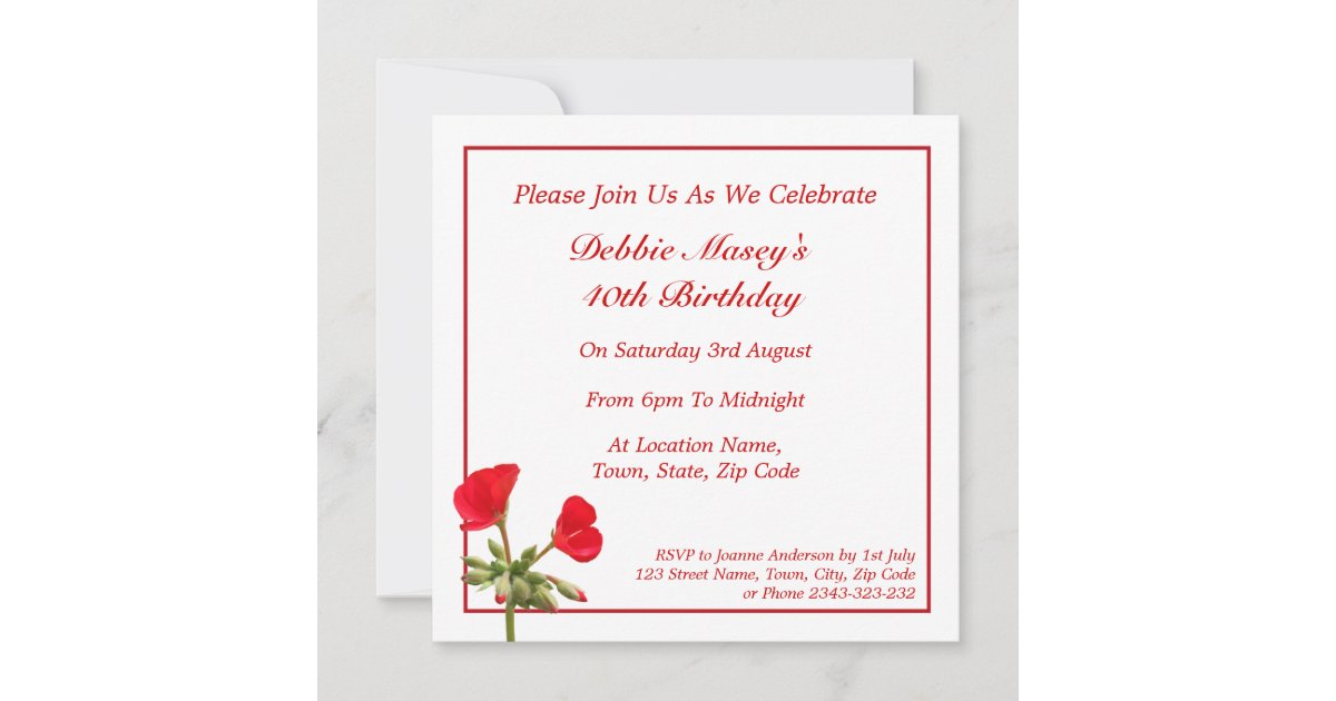 Red Geranium Birthday Invitation | Zazzle