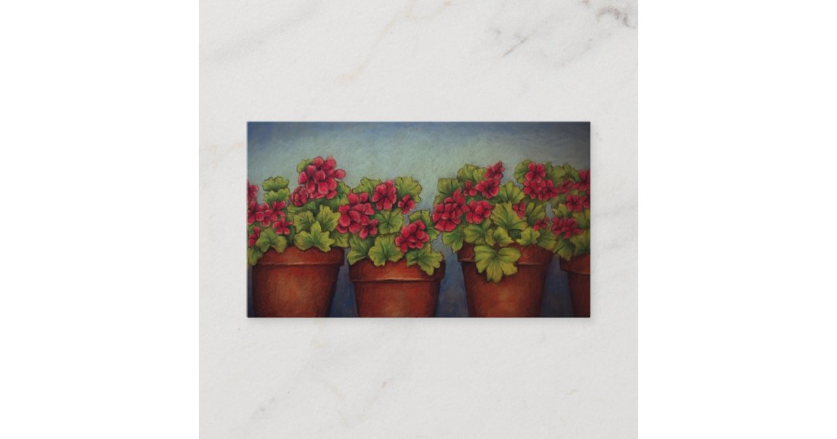 Red Geraniums in clay pots Business Card | Zazzle