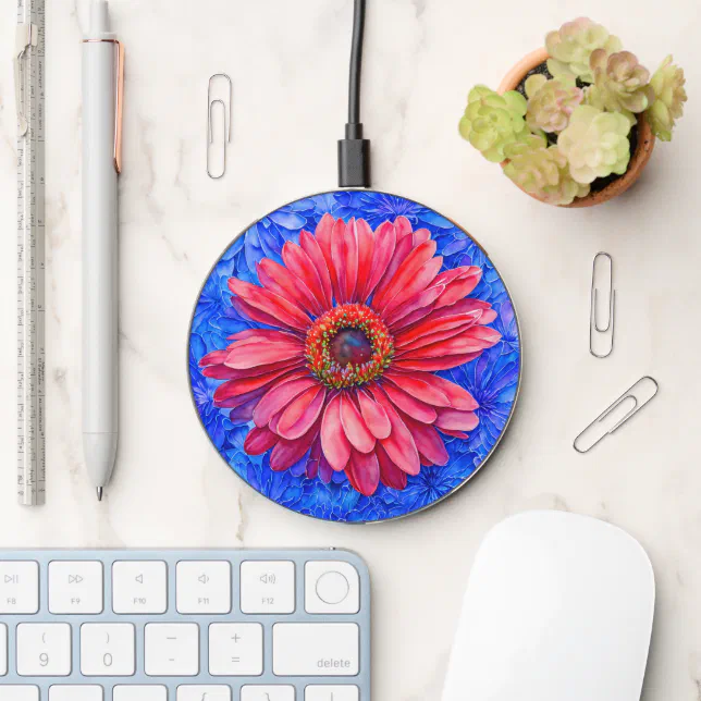 Red Gerbera Daisy on Blue Floral Background Wireless Charger | Zazzle
