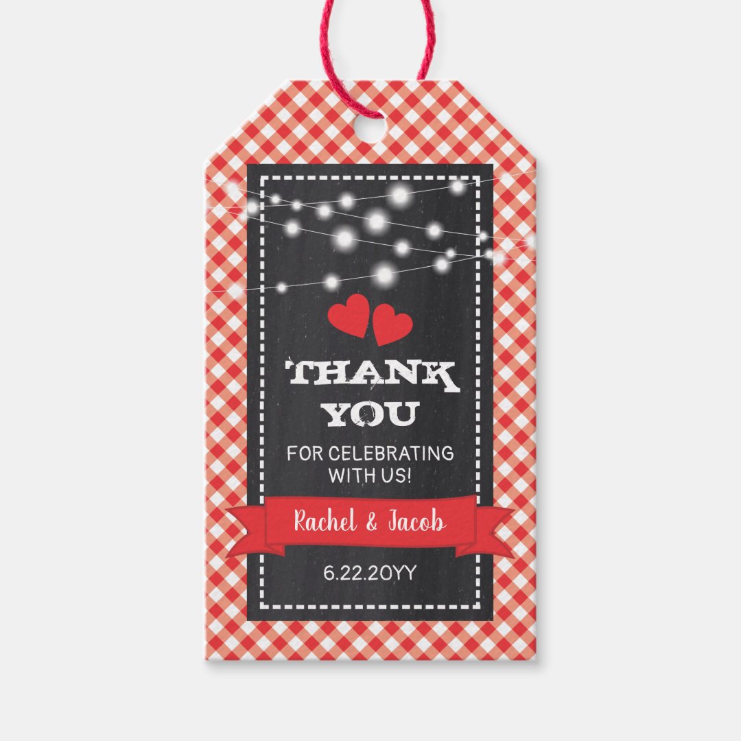Red Gingham and Lights Chalkboard Engagement Party Gift Tags | Zazzle
