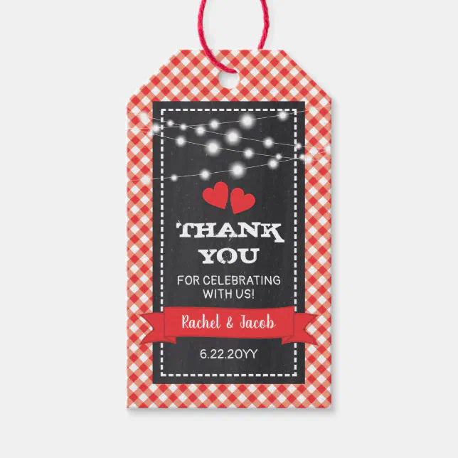 Red Gingham and Lights Chalkboard Engagement Party Gift Tags | Zazzle