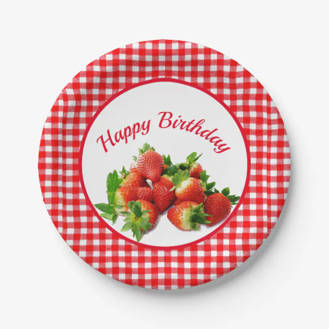 Red Gingham and Strawberries Birthday Party Paper Plates | Zazzle