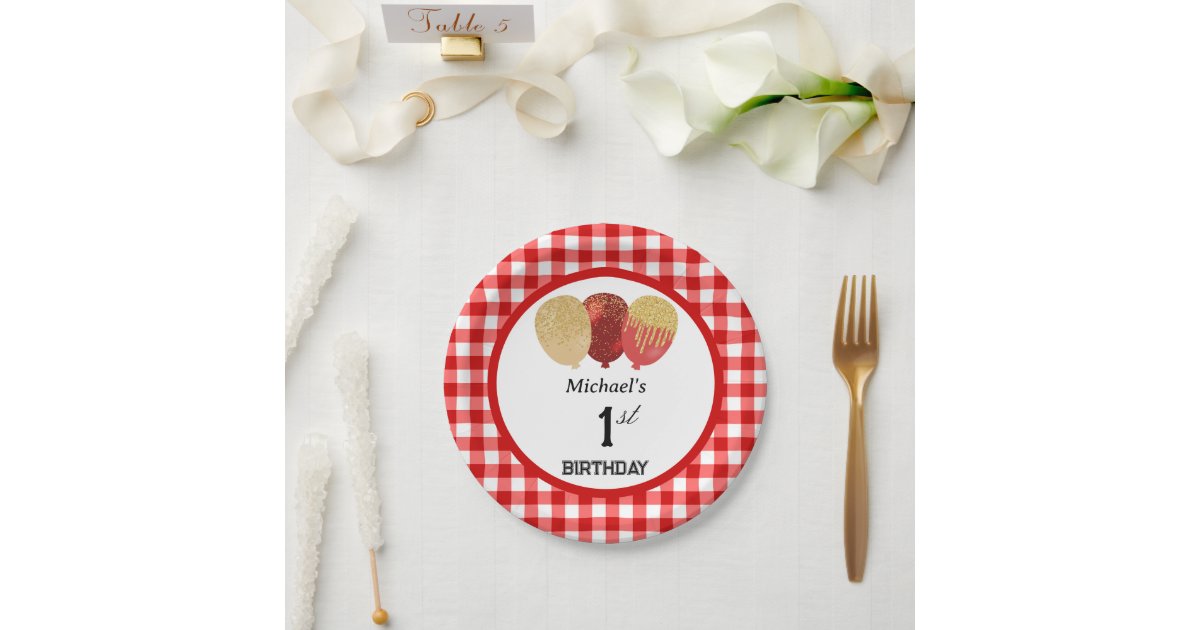 Red Gingham & Balloons 1st Birthday Paper Plates | Zazzle