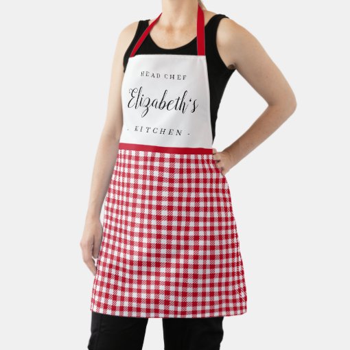 Red gingham check adult personalized cooking apron | Zazzle