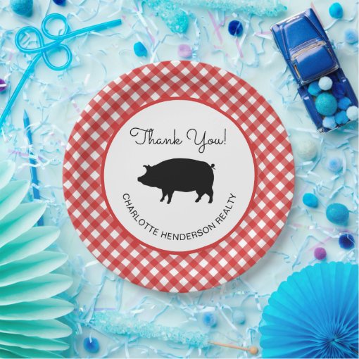 Red Gingham Checkered Pig Roast BBQ Party Paper Plates | Zazzle
