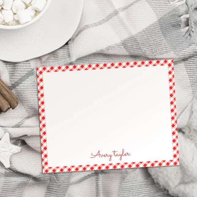 Red gingham pattern personalized Stationery Note Card | Zazzle