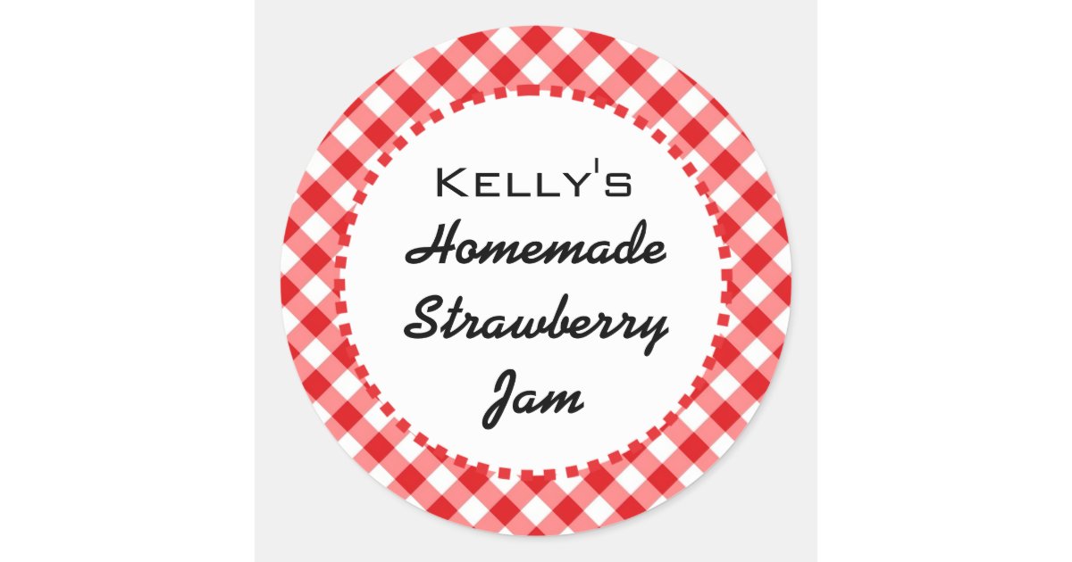 Red gingham strawberry jam label | Zazzle