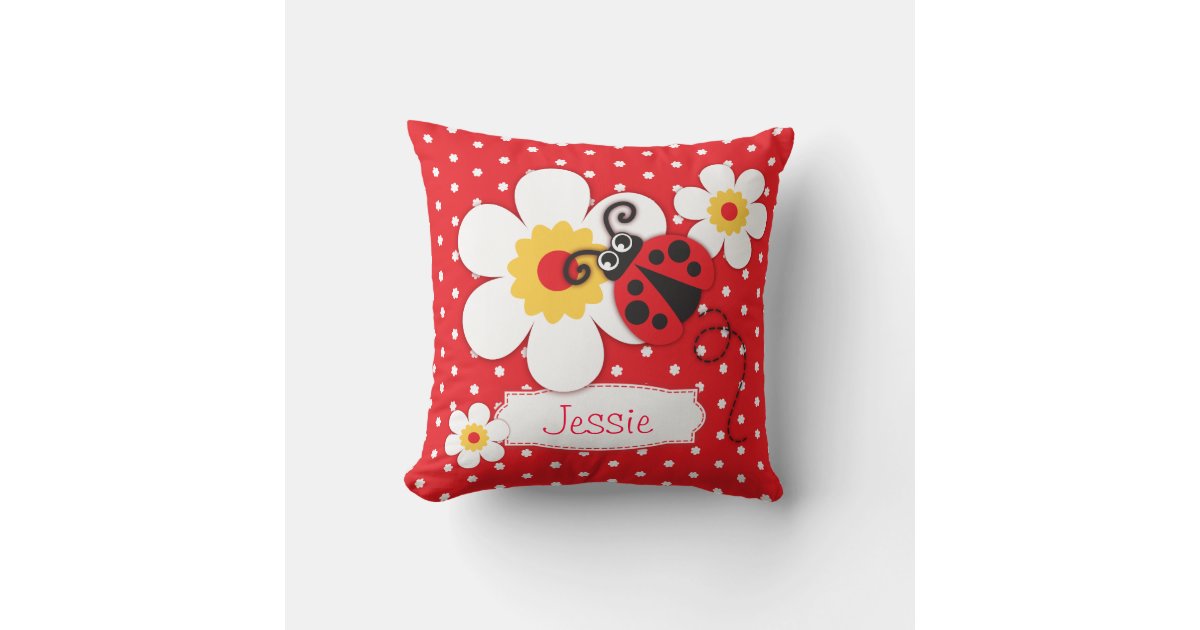 Red girls ladybug name flower polka dot pillow | Zazzle