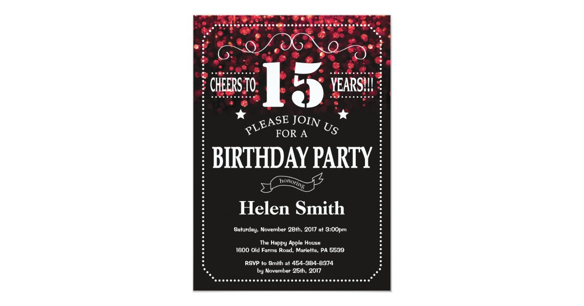 Red Glitter 15th Birthday Invitation | Zazzle.com