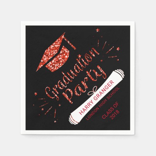 Red Glitter Black Graduation Cap Party Paper Napkins | Zazzle