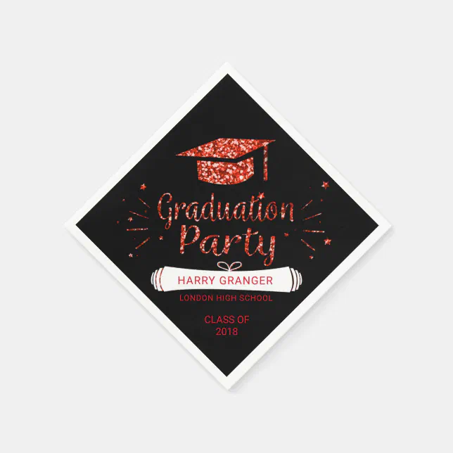 Red Glitter Black Graduation Cap Party Paper Napkins | Zazzle