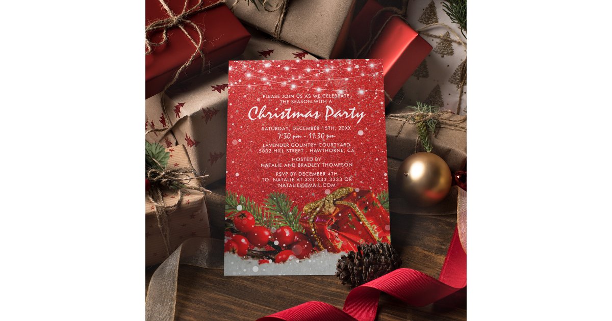 Red Glitter Christmas Holiday Dinner Party Invitation | Zazzle