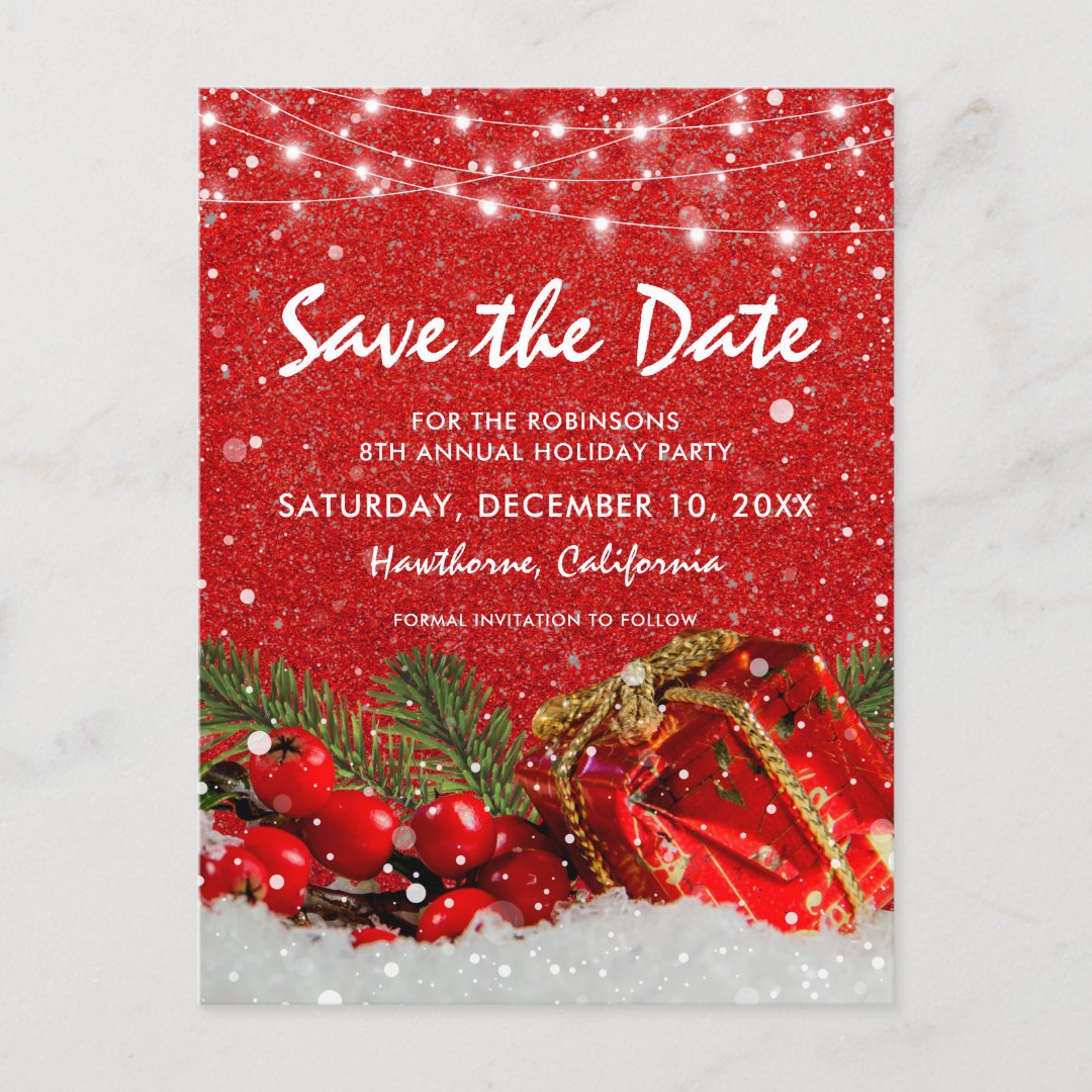 Red Glitter Christmas Holiday Party Save the Date Announcement Postcard ...