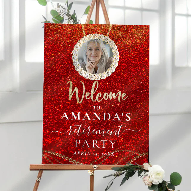 Red Glitter Custom Photo Retirement Welcome Sign | Zazzle