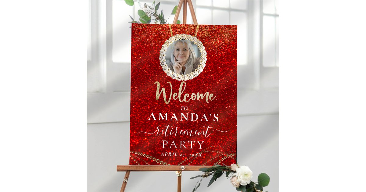 Red Glitter Custom Photo Retirement Welcome Sign | Zazzle