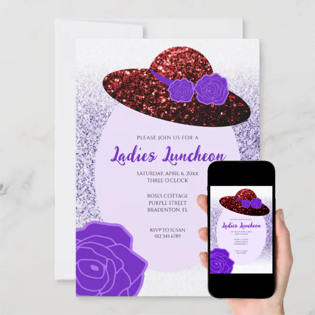 Red glitter hat purple lavender Ladies Luncheon Invitation | Zazzle