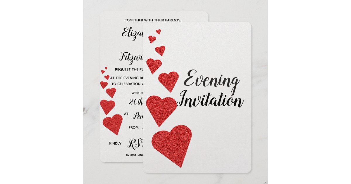 Red Glitter Hearts Evening Invitation | Zazzle