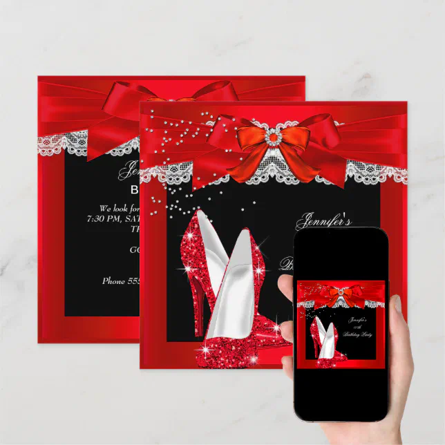Red Glitter High Heel Shoe Birthday Party Invitation | Zazzle