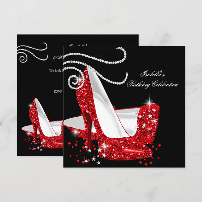 Red Glitter High Heels Black Birthday Party Invitation | Zazzle