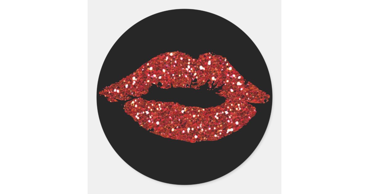 Red Glitter Kiss on Black Background Stickers | Zazzle