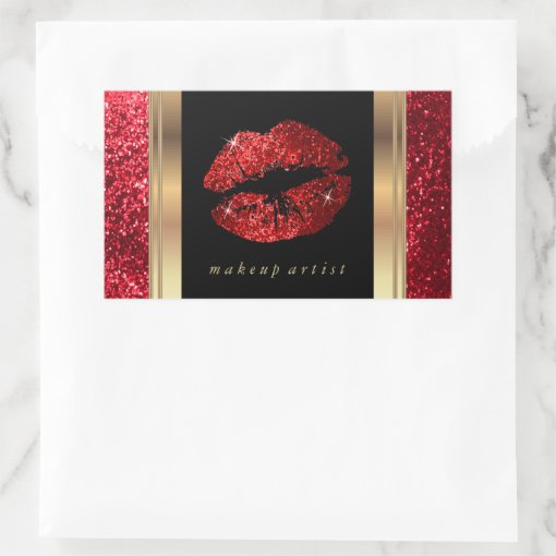 Red Glitter Lips and Elegant Gold Accents Rectangular Sticker | Zazzle
