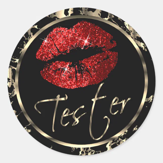 Red Glitter Lips on Black & Light Gold Marble Classic Round Sticker ...