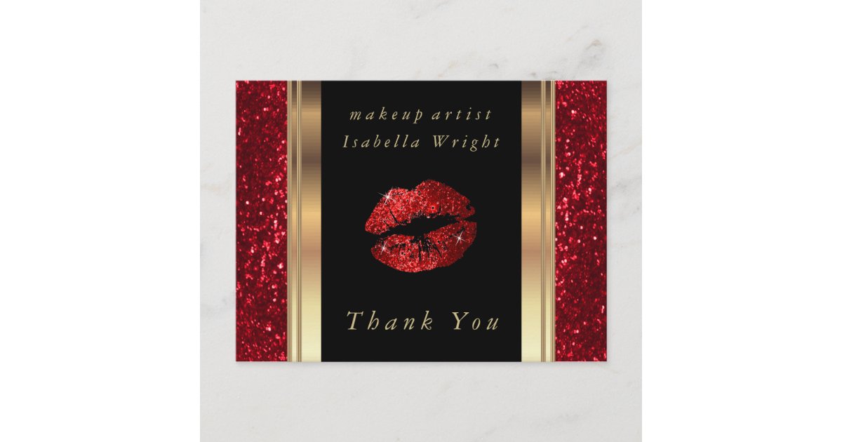 Red Glitter Lips - Thank you Postcard | Zazzle