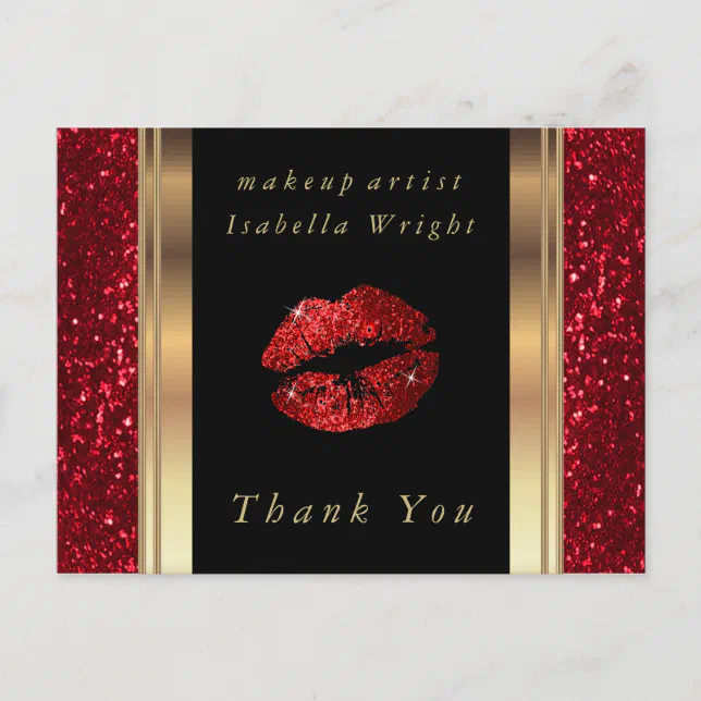 Red Glitter Lips - Thank you Postcard | Zazzle