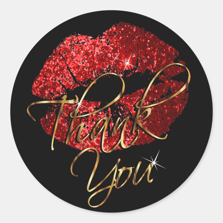 Red Glitter Lipstick on Black - Thank You Classic Round Sticker | Zazzle
