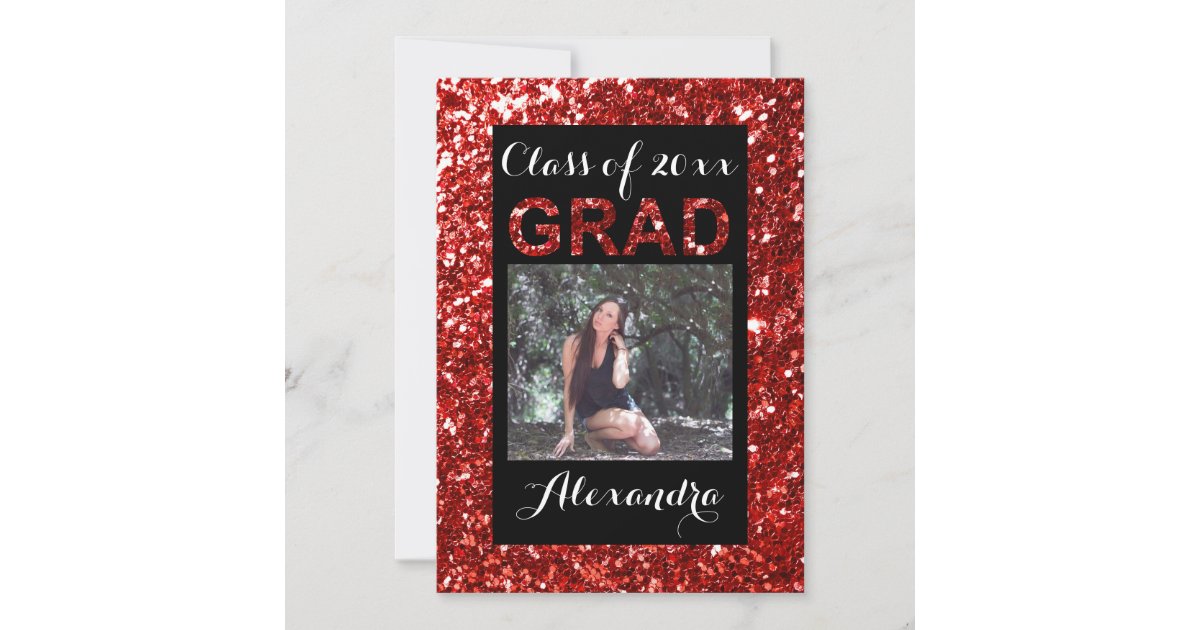 Red Glitter-Look 1 Photo Graduation Invitation | Zazzle