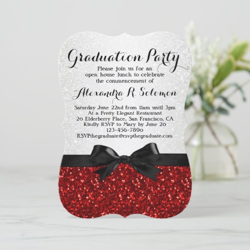 Red Glitter-look Bow Graduation Party Invitation | Zazzle