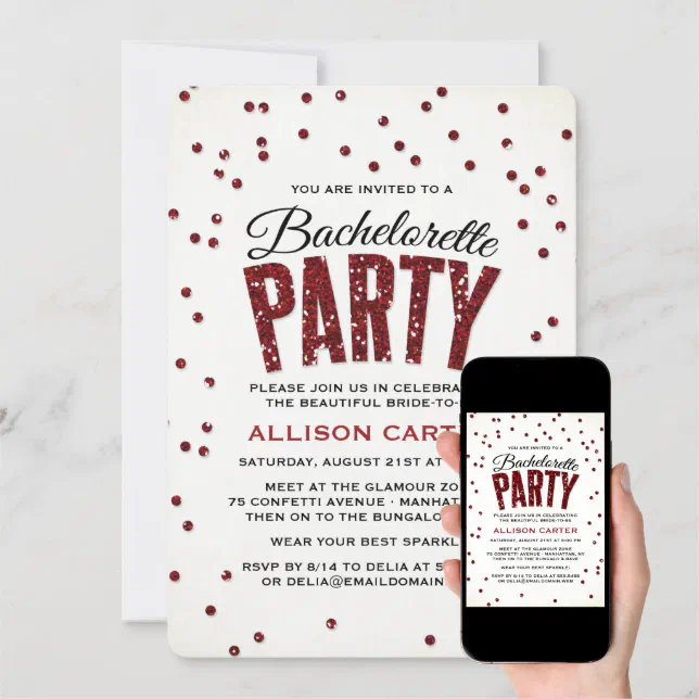 Red Glitter Look Confetti Bachelorette Party Invitation | Zazzle