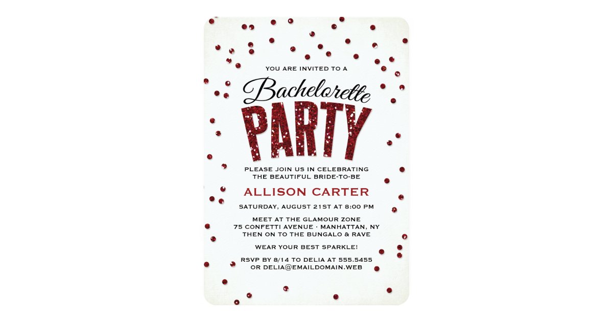 Red Glitter Look Confetti Bachelorette Party Invitation | Zazzle.com